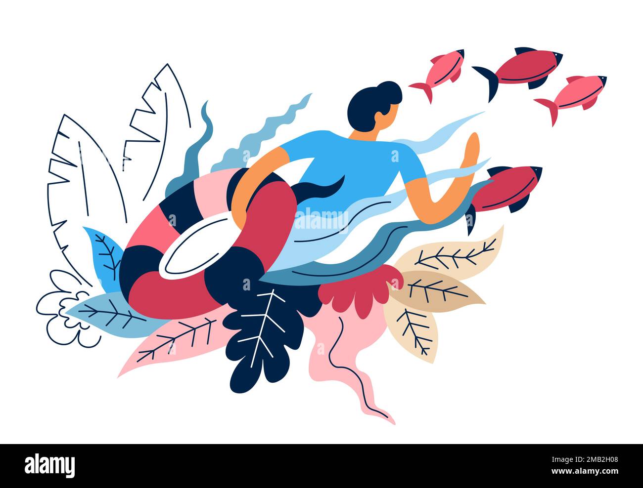 Sea fishing sport fisherman fishery equipment fish flock and lifebuoy ...