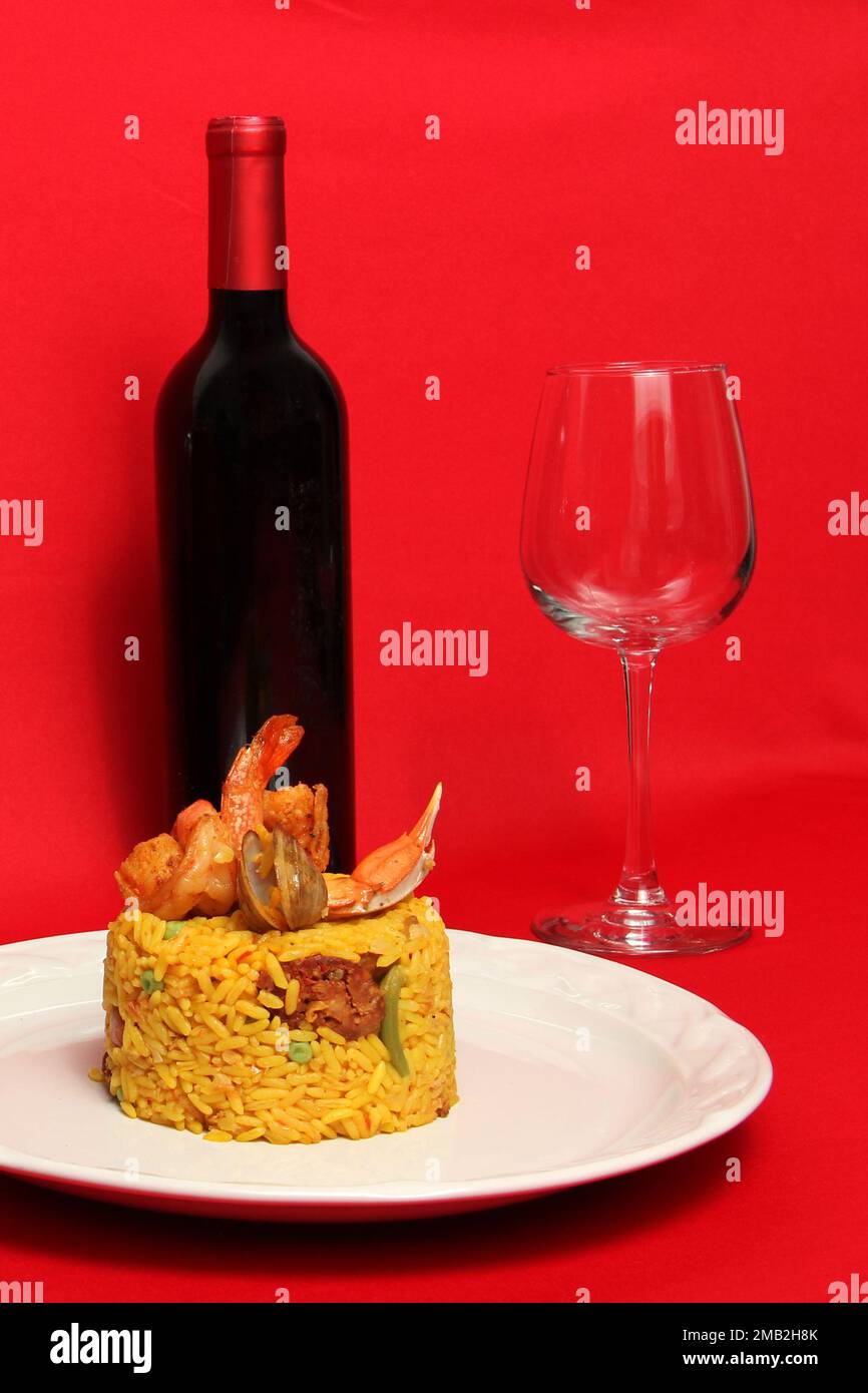 Paella rice with seafood traditional dish from Valencia Spain served on ...