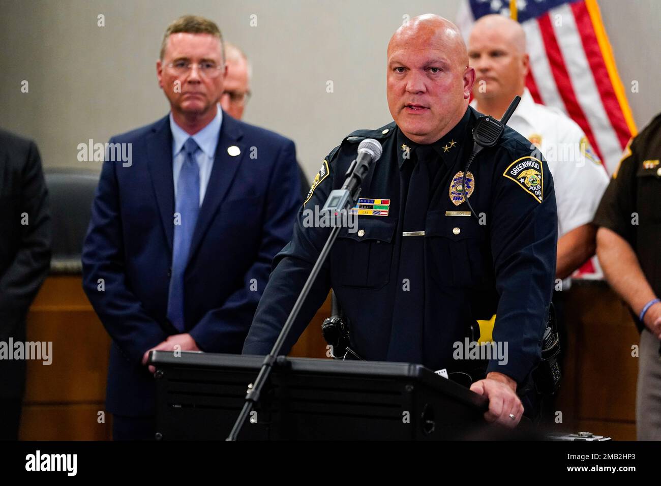 Greenwood Police Chief James Ison speak during a press conference at ...