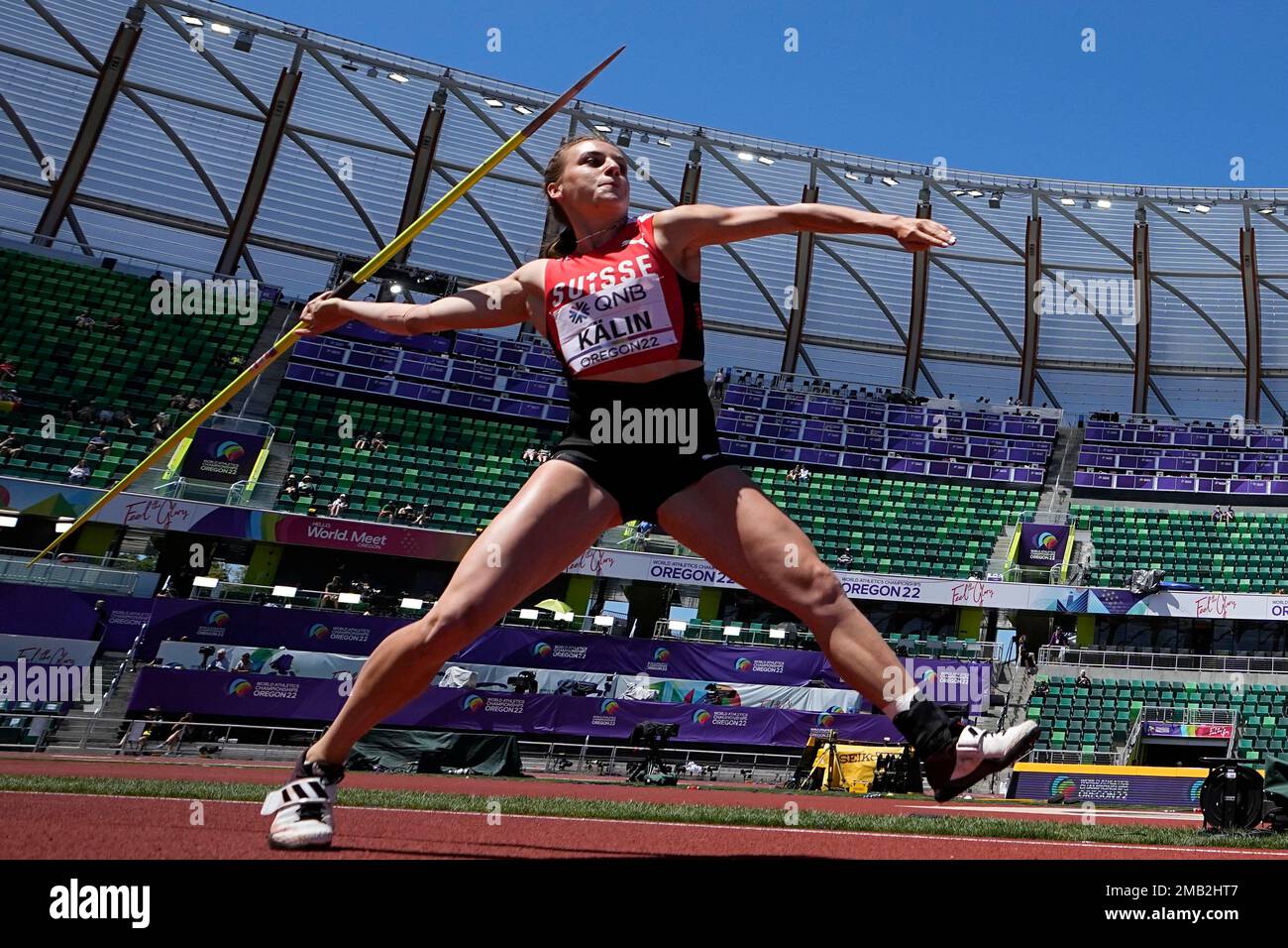 Annik Kalin, of Switzerland, competes in the javelin throw heptathlon ...