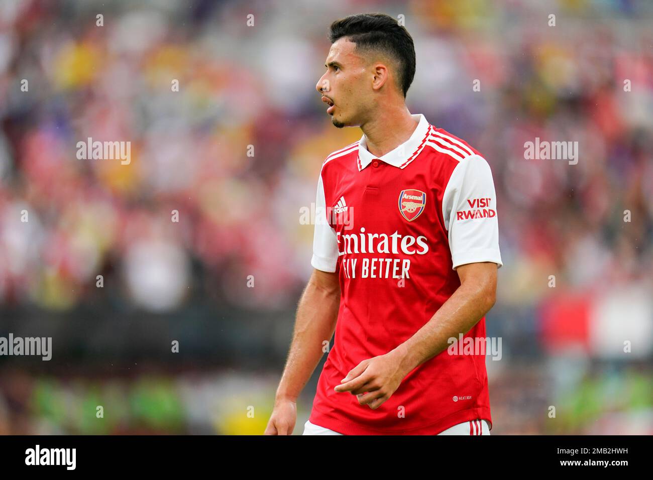 Arsenal forward Gabriel Martinelli looks on against Everton during the ...