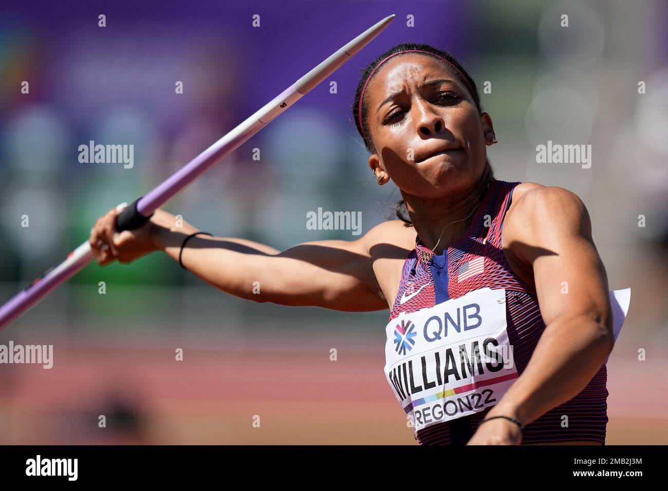 Kendell Williams, of the United States, competes in the javelin throw ...