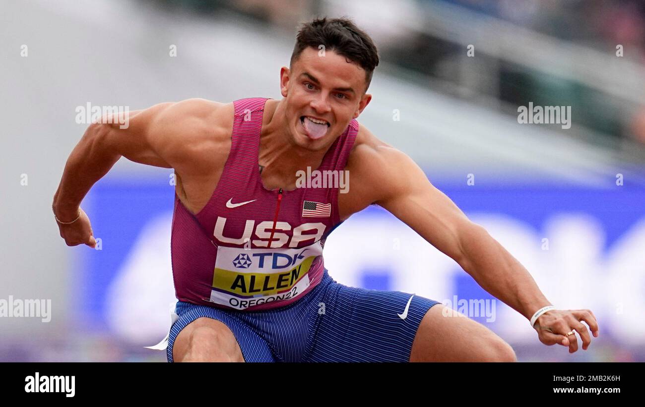 Devon Allen, of the United States, wins a heat in the mens 110-meter ...