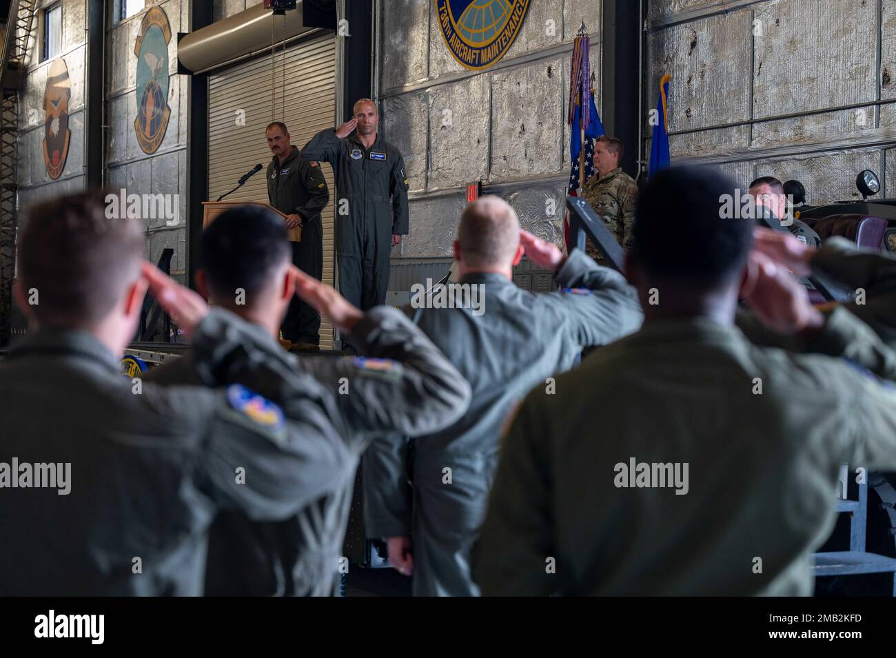 Lt. Col. Joshua Dove, 3rd Airlift Squadron commander, receives a first ...