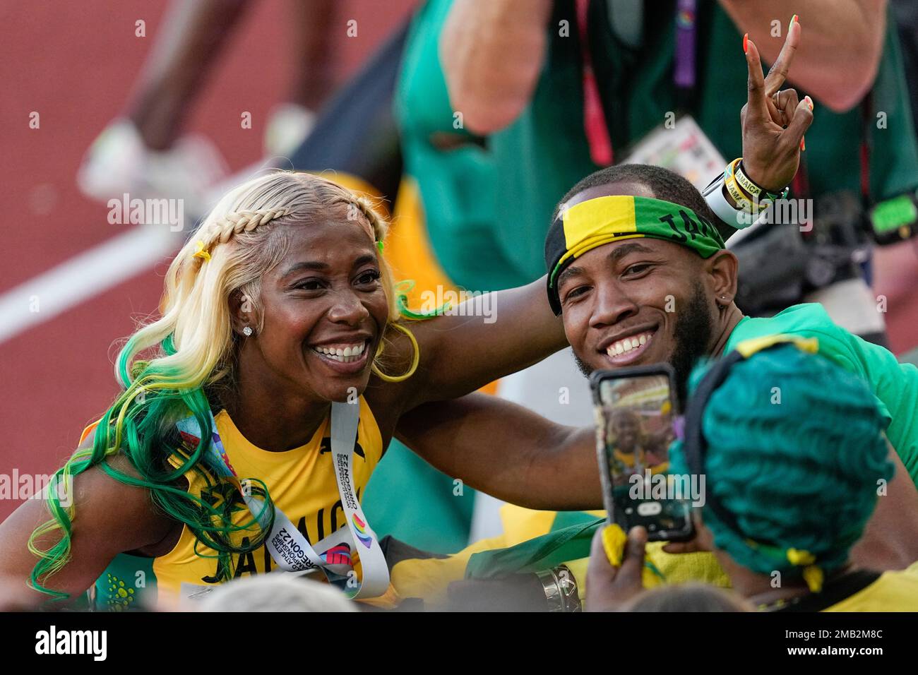 Gold medalist Shelly-Ann Fraser-Pryce, of Jamaica, poses for a photo ...