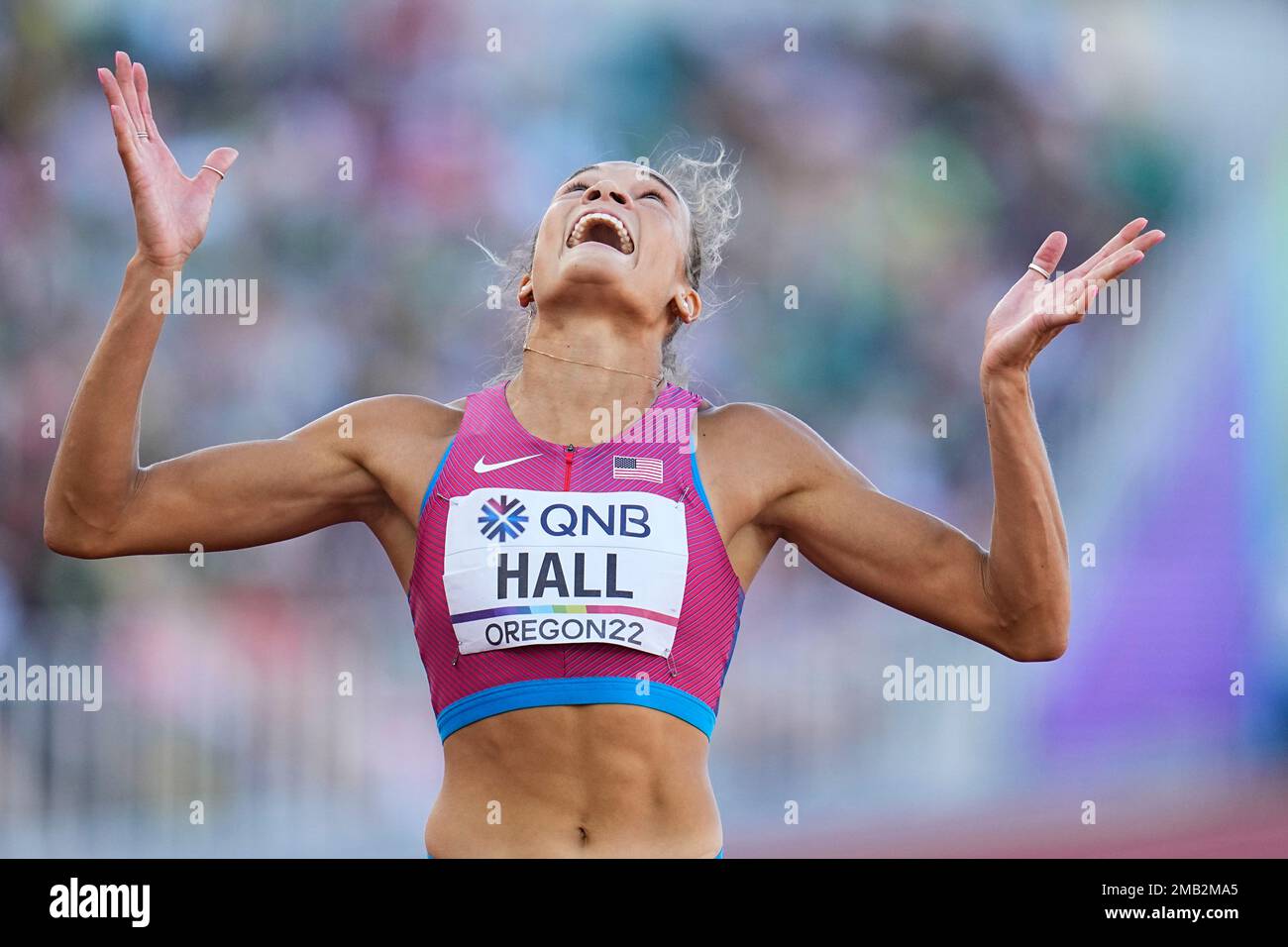 Anna Hall, of the United States, wins a heat in the women's heptathlon ...