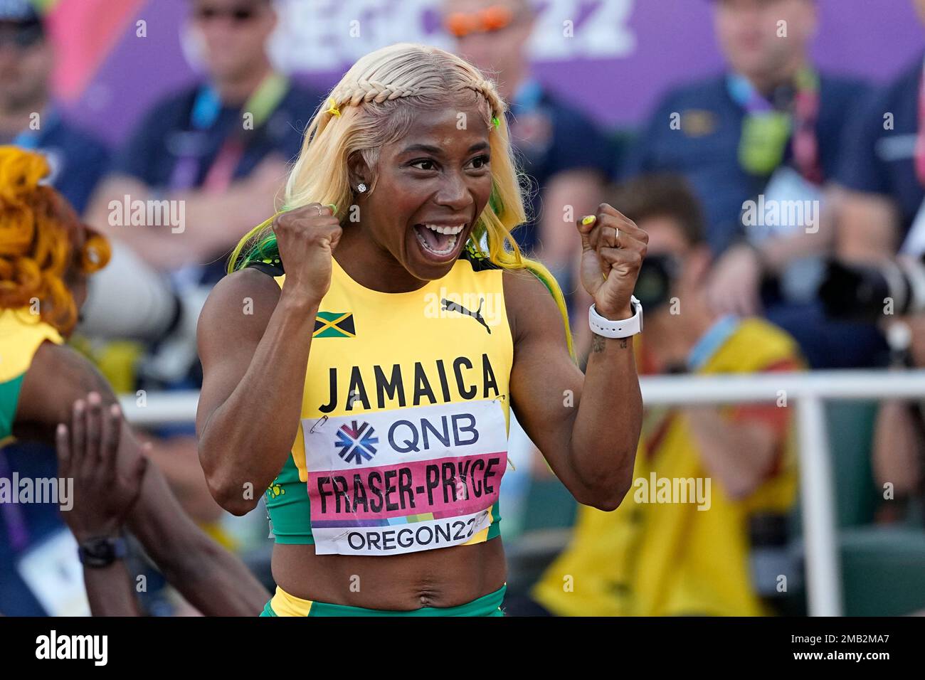 Gold medalist Shelly-Ann Fraser-Pryce, of Jamaica, celebrates after ...