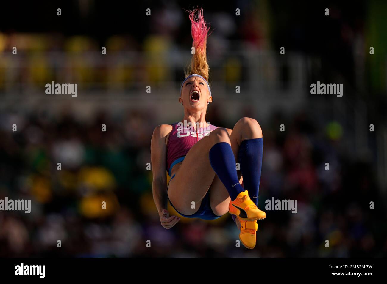 Sandi Morris, of the United States, reacts during the women's pole ...
