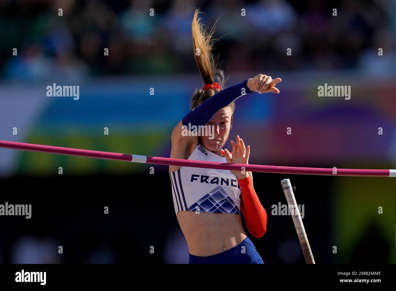 Margot Chevrier, of France, competes during the women's pole vault ...