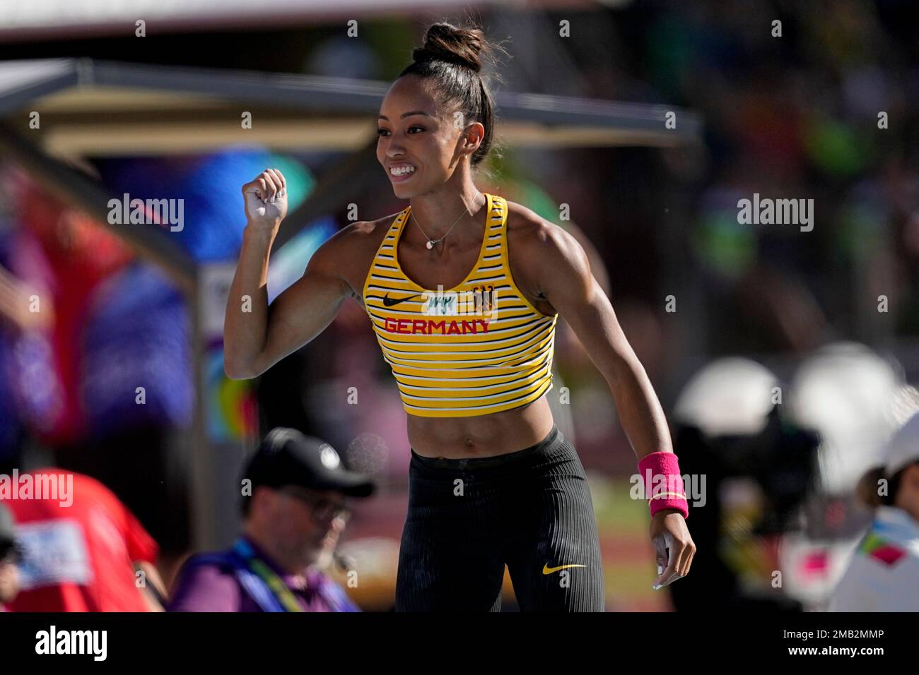 Jacqueline Otchere, of Germany, competes during the women's pole vault ...