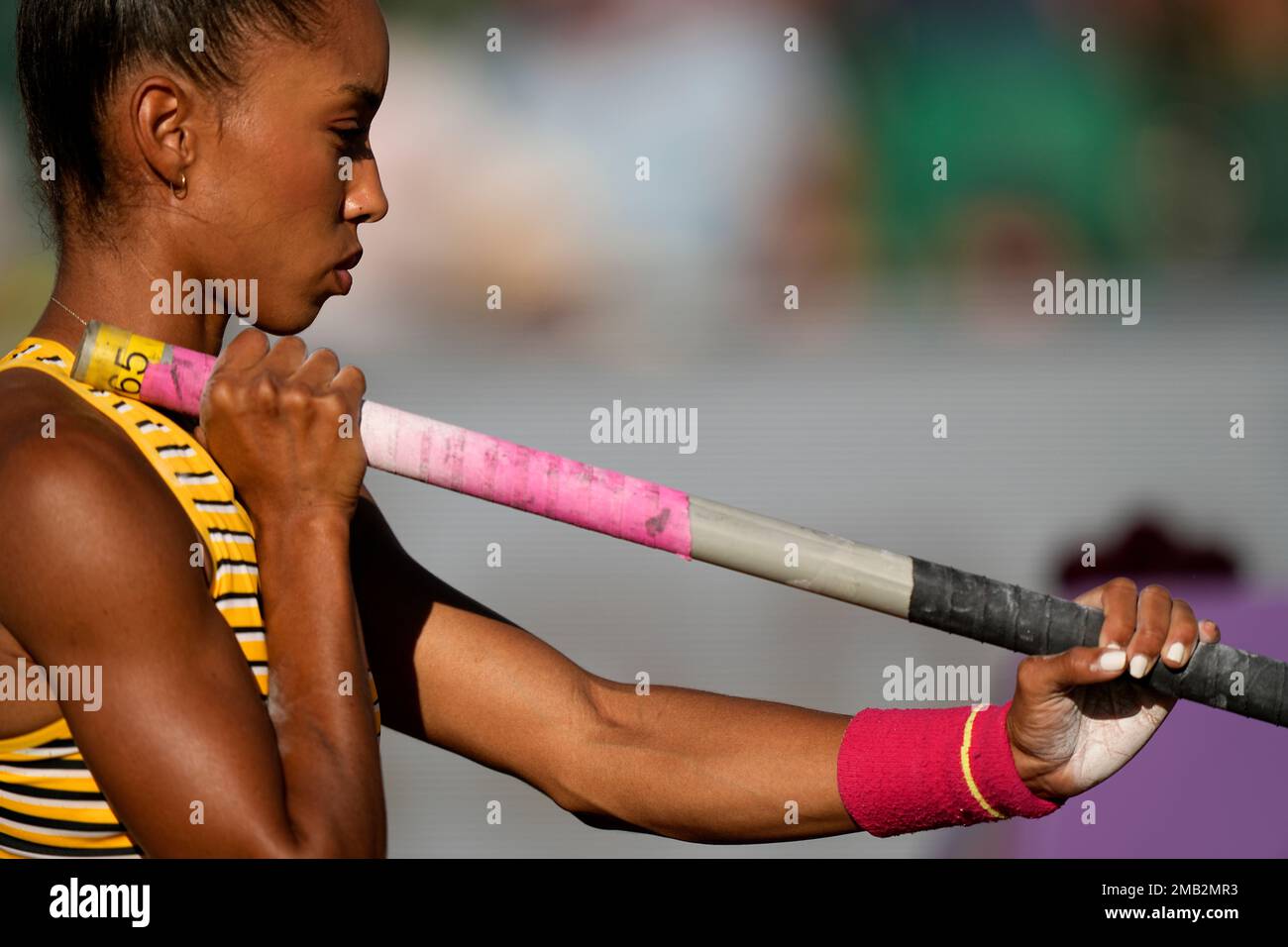 Jacqueline Otchere, of Germany, competes during the women's pole vault ...