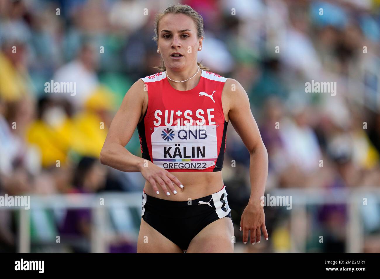 Annik Kalin, of Switzerland, wins a heat in the women's heptathlon 200 ...