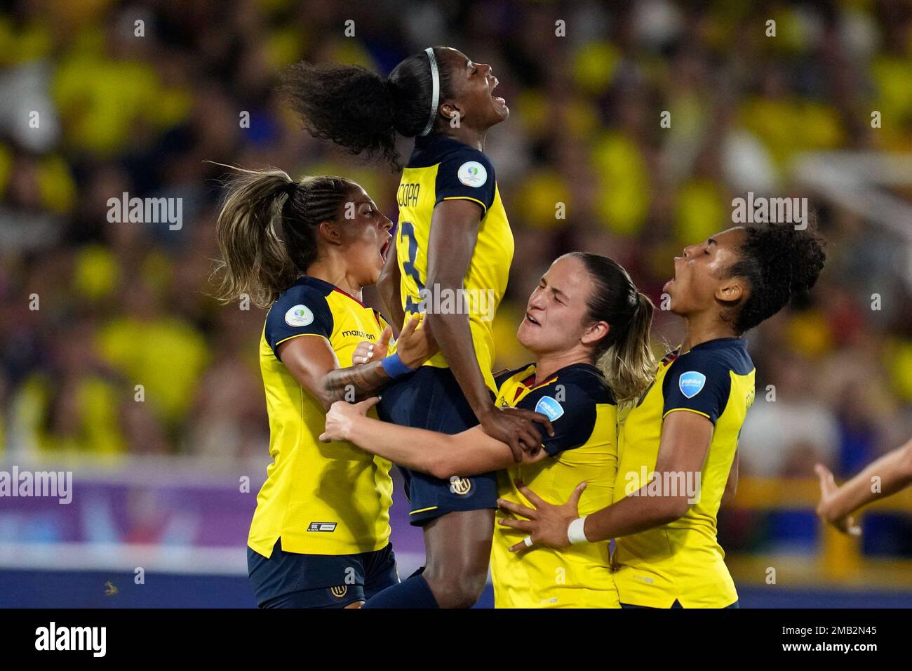 Ecuador's Nicole Charcopa, second from left, celebrates with teammates ...