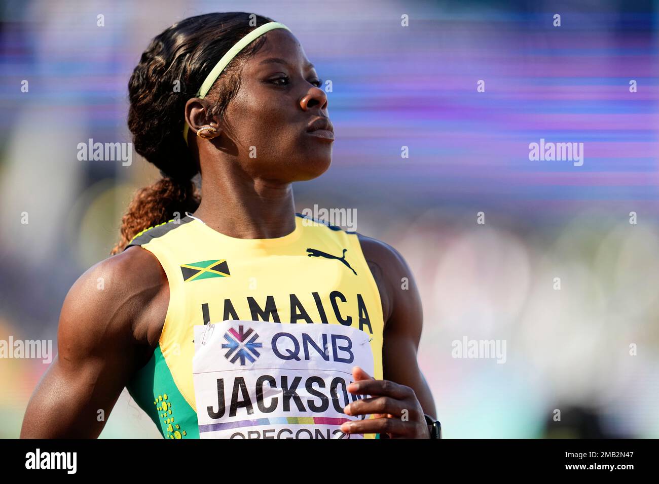 Shericka Jackson, of Jamaica, wins the semifinal in the women's 100 ...