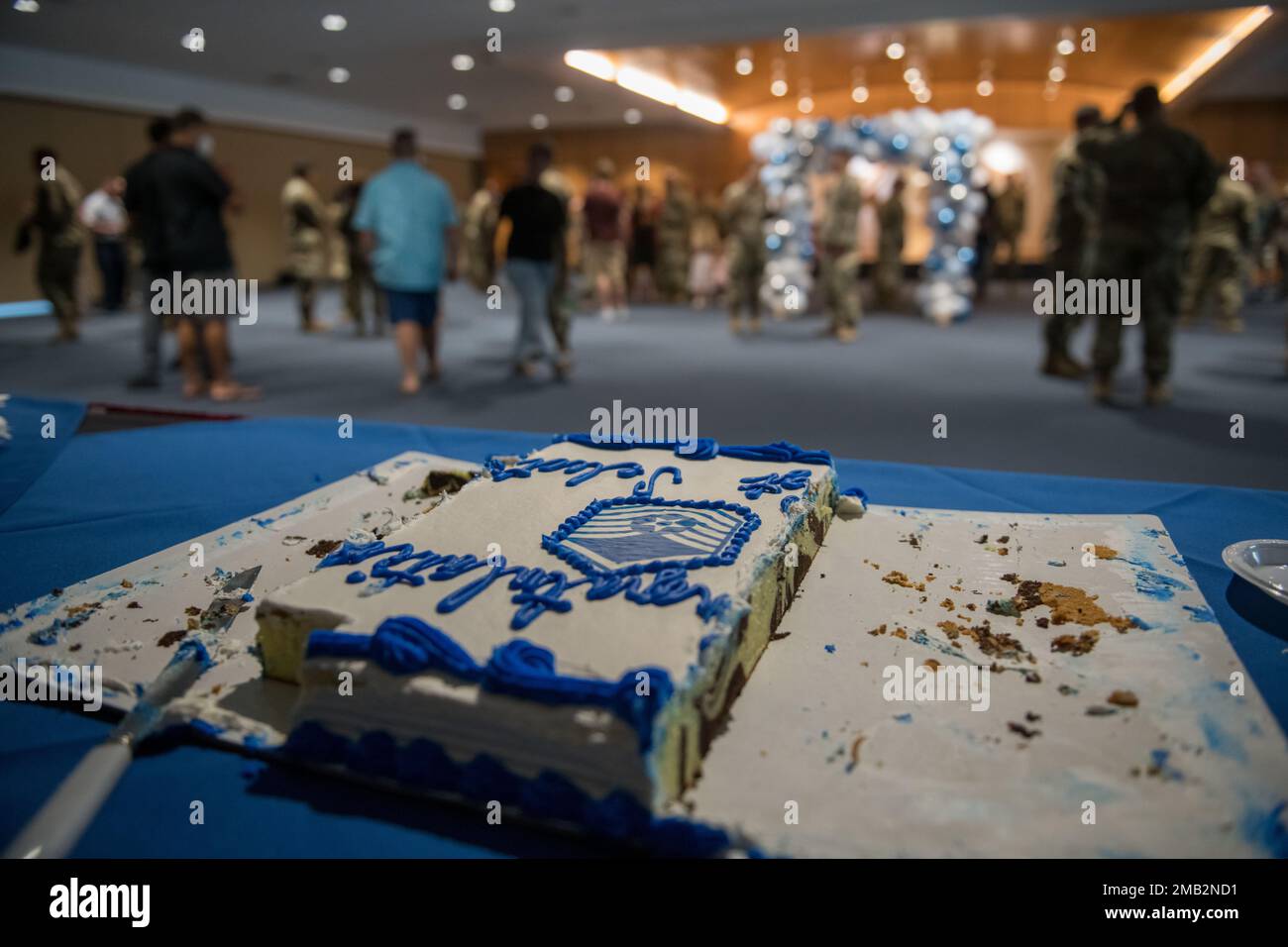 A congratulatory cake sits on a table during a master sergeant ...