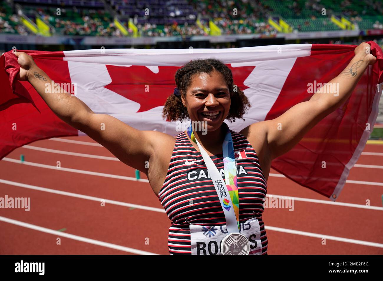 Ssilver medalist Camryn Rogers, of Canada, celebrates after the women's ...