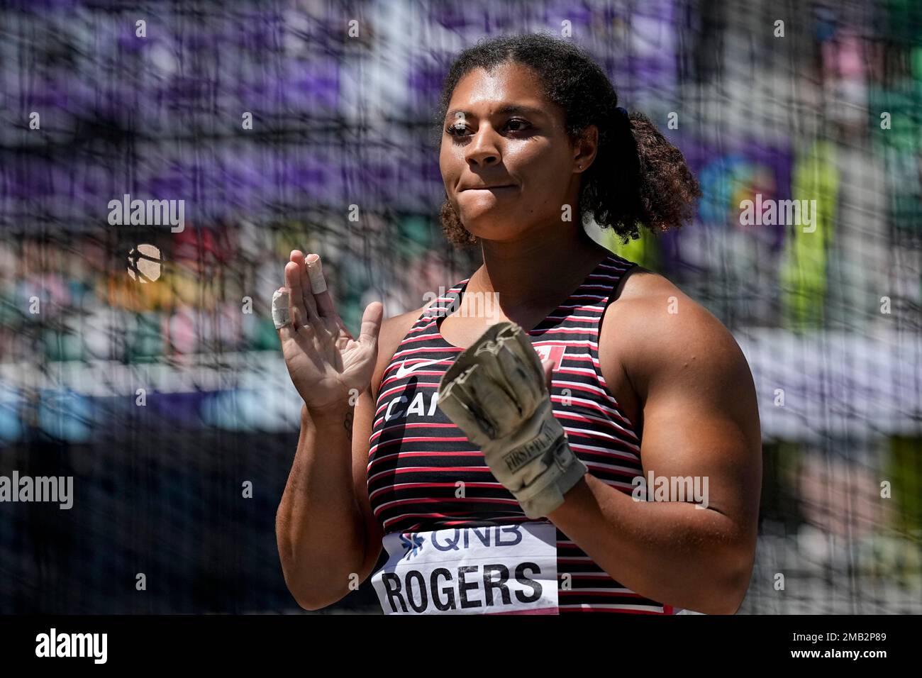 Camryn Rogers, of Canada, competes during the women's hammer throw ...