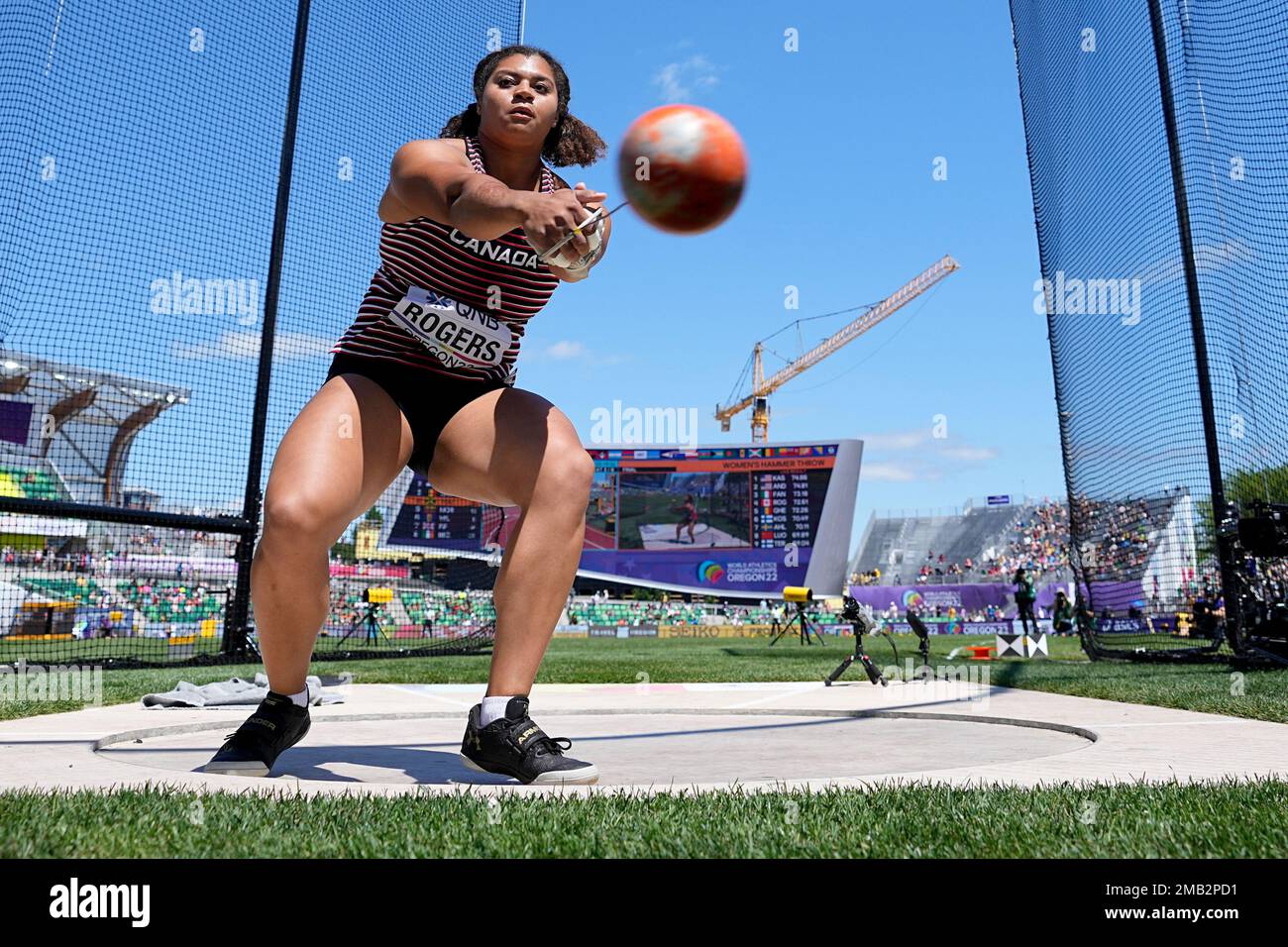 Camryn Rogers, of Canada, competes during the women's hammer throw ...