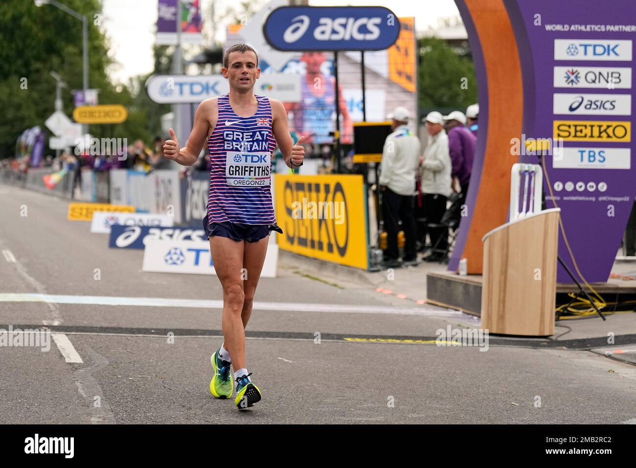 Joshua Griffiths, of Britain, finishes in the men's marathon at the ...