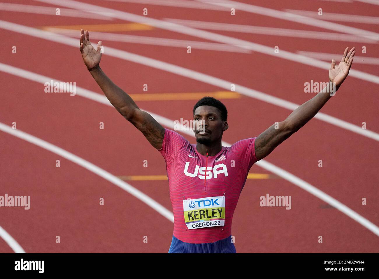 Fred Kerley, of the United States, celebrates after wining the final in ...