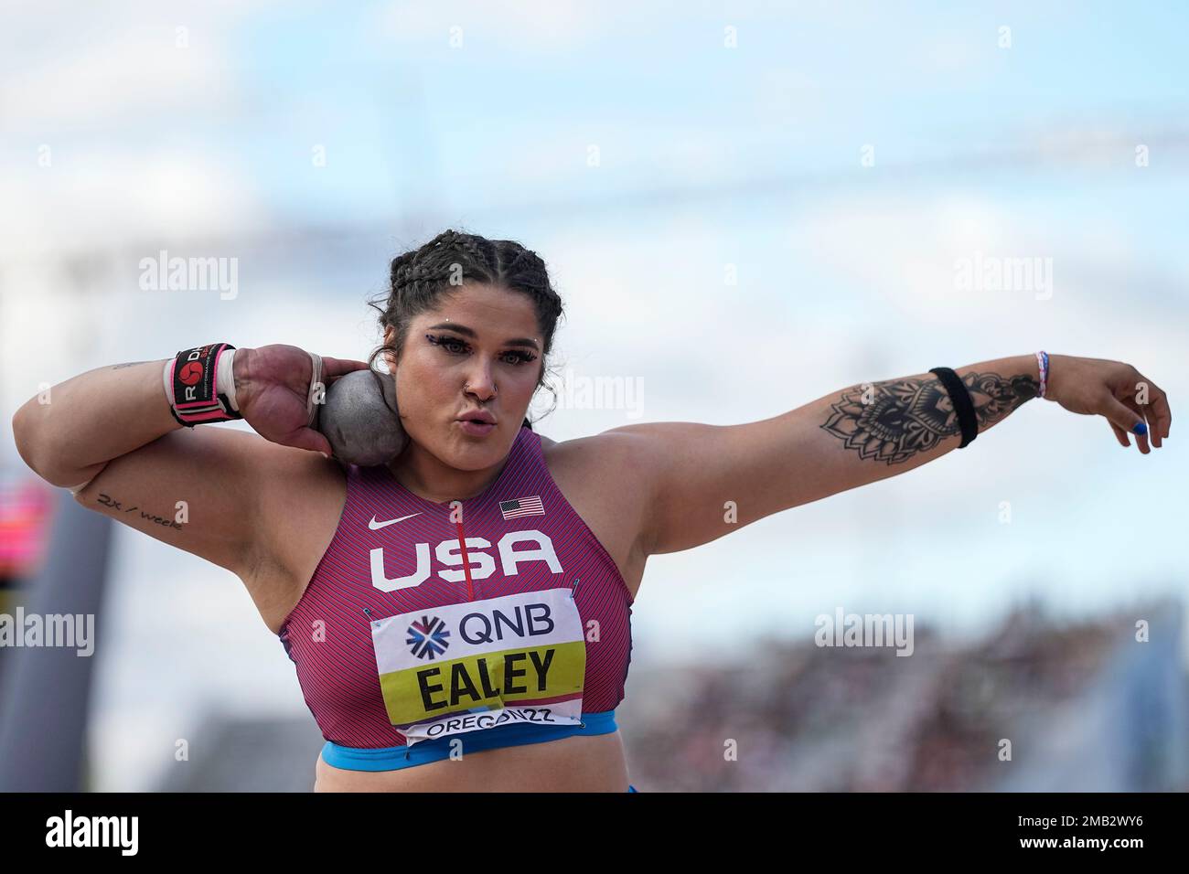 Chase Ealey, of the United States, competes during the women's shot put ...