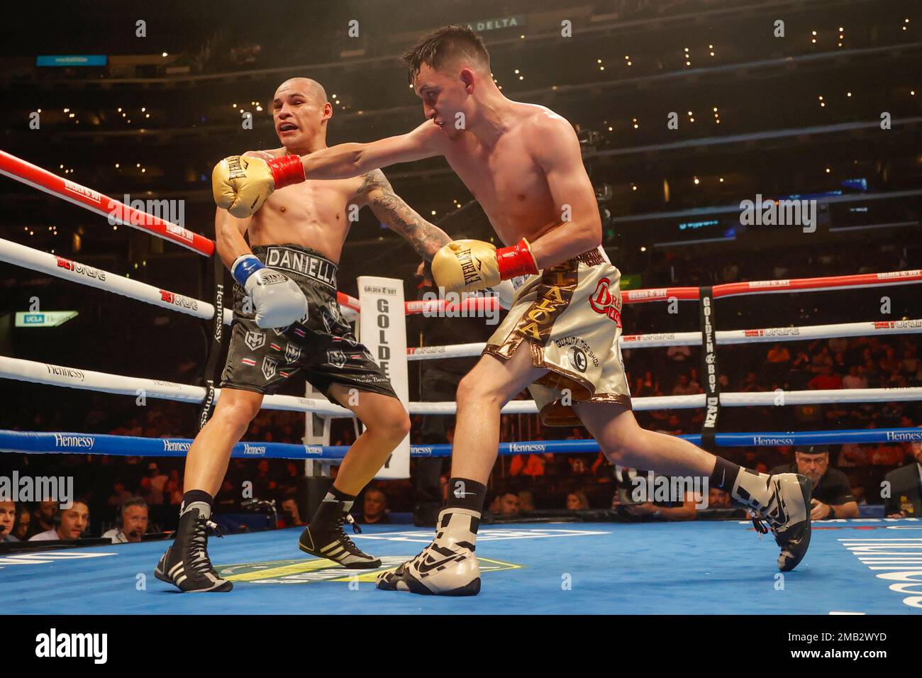 David Jimenez, left, and Ricardo Sandoval fight during a 12 Rounds WBA ...