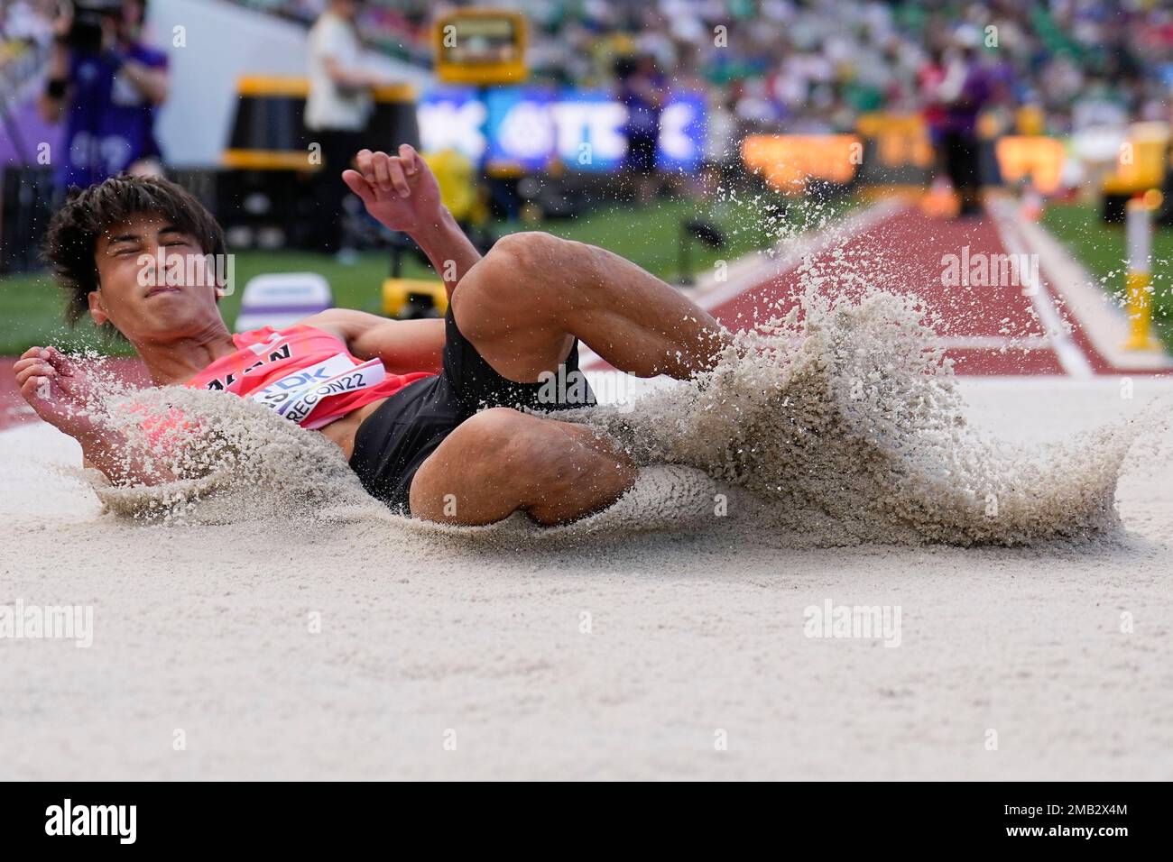 Yuki Hashioka, of Japan, competes during the men's long jump final at ...