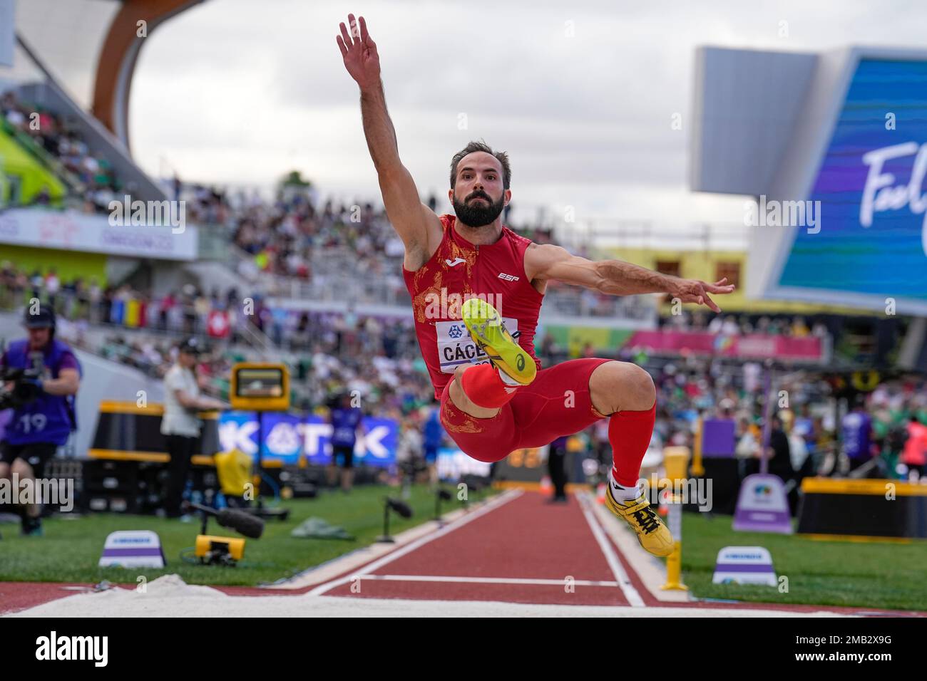 Eusebio Caceres, of Spain, competes during the men's long jump final at ...