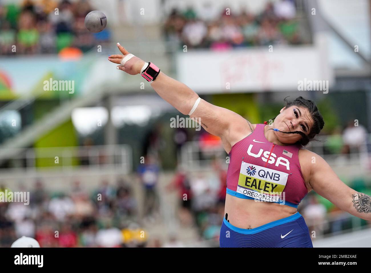 Chase Ealey, of the United States, competes during the women's shot put ...
