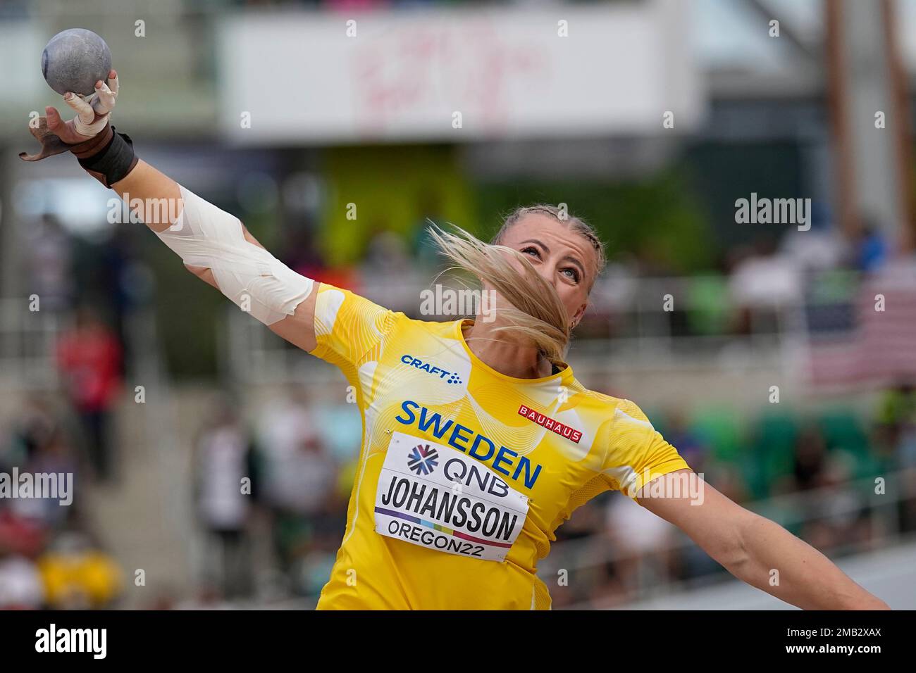 Axelina Johansson, of Sweden, competes during the women's shot put ...