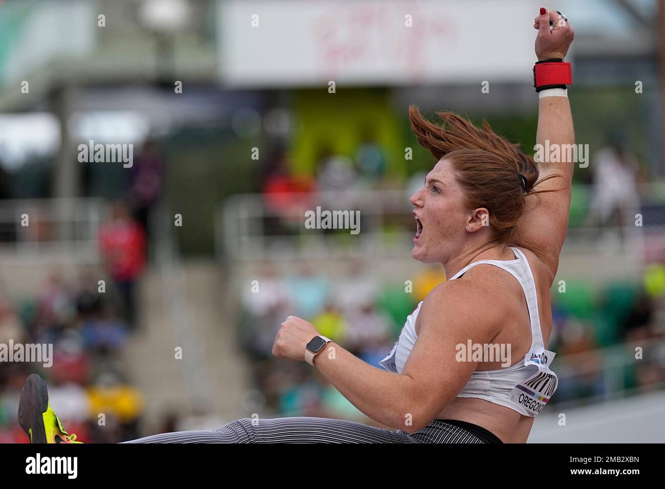 Sarah Mitton, of Canada, competes during the women's shot put final at ...