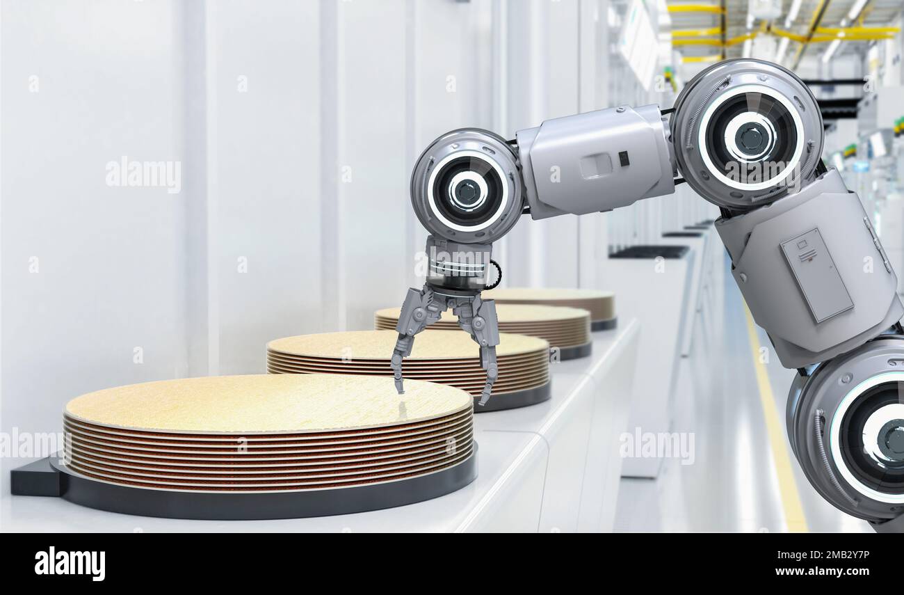 Semiconductor manufacturing with 3d rendering robotic arms with silicon wafers Stock Photo - Alamy
