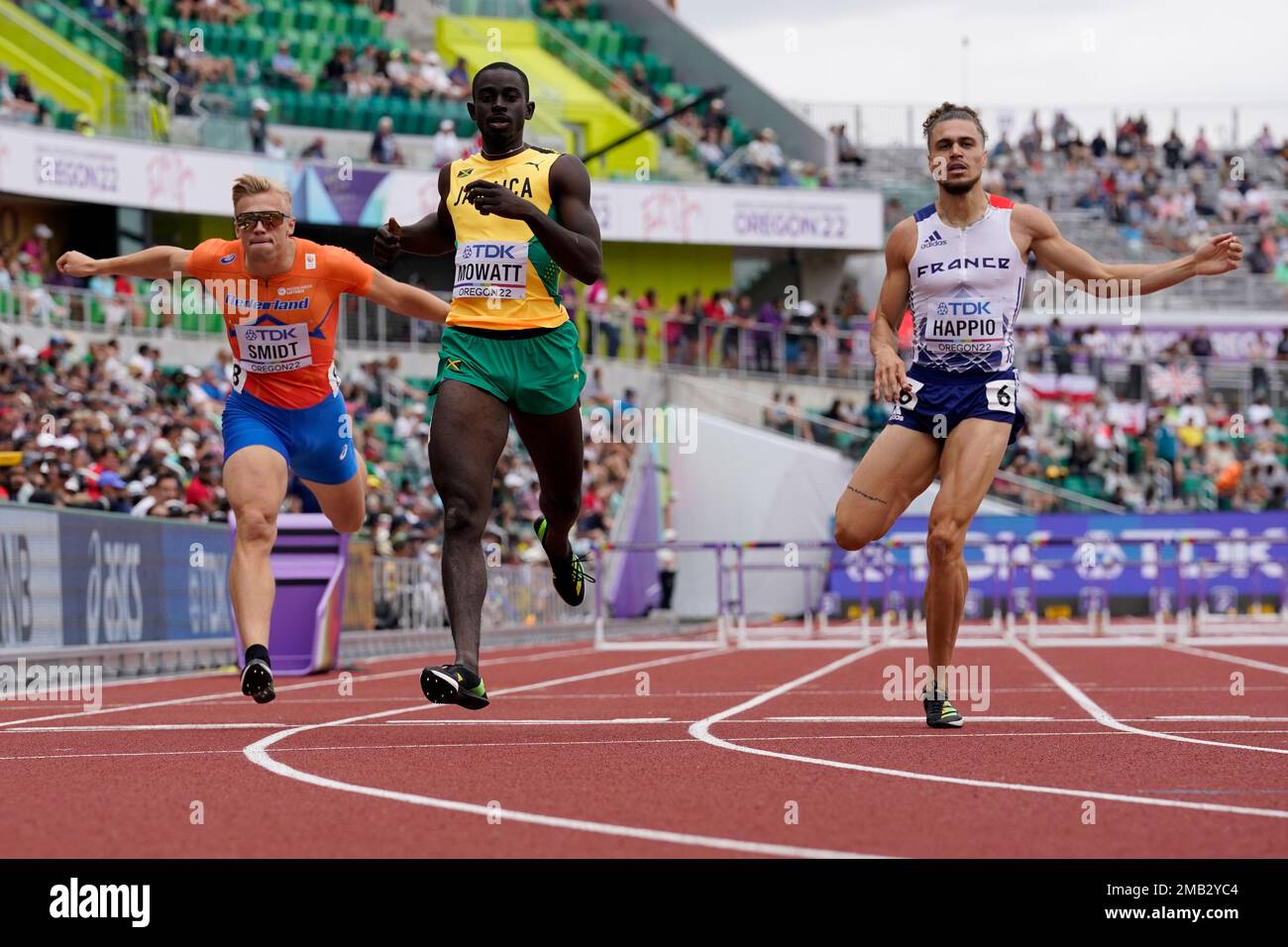 From left, Nick Smidt, of the Netherlands, Kemar Mowatt, of Jamaica ...