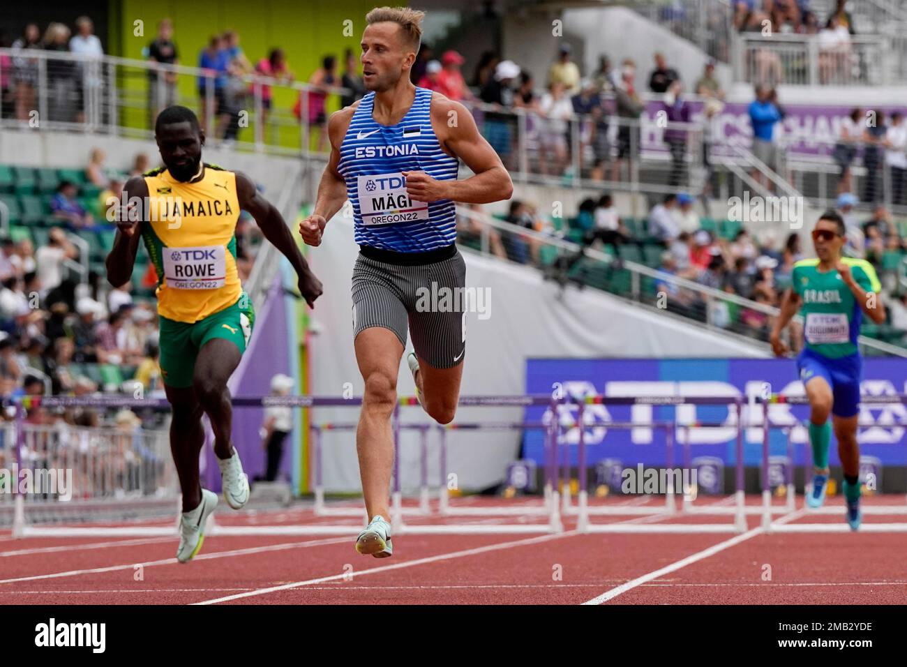 Rasmus Magi, of Estonia, wins a heat in the mens 400-meter hurdles at ...