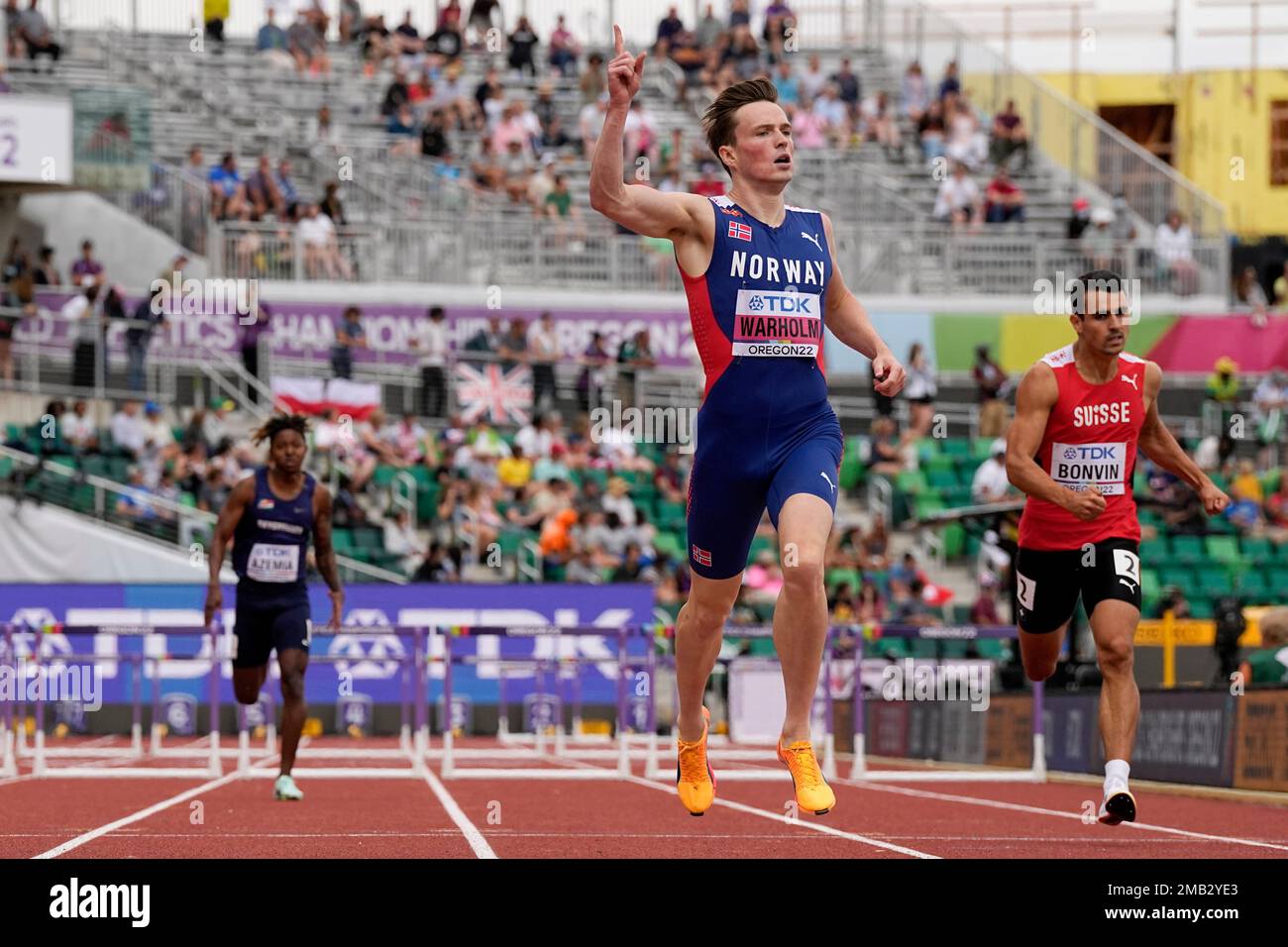 Karsten Warholm, of Norway, wins a heat in the mens 400-meter hurdles ...