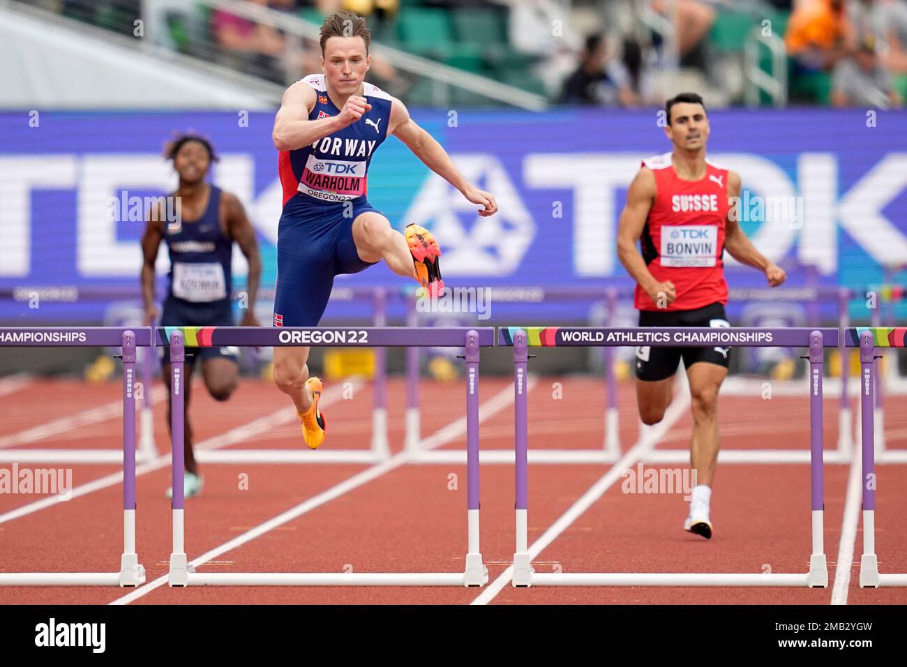 Karsten Warholm, of Norway, wins a heat in the mens 400-meter hurdles ...
