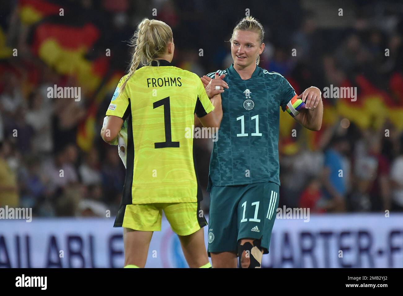 Germany's Alexandra Popp, right, celebrates with Germany's goalkeeper ...