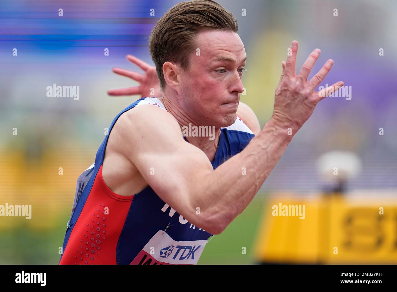 Karsten Warholm, of Norway, wins a heat in the mens 400-meter hurdles ...