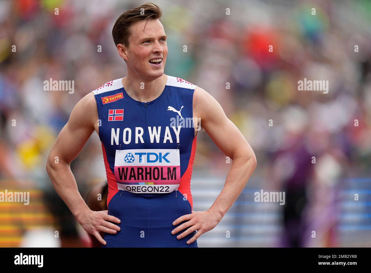 Karsten Warholm, of Norway, wins a heat in the mens 400-meter hurdles ...