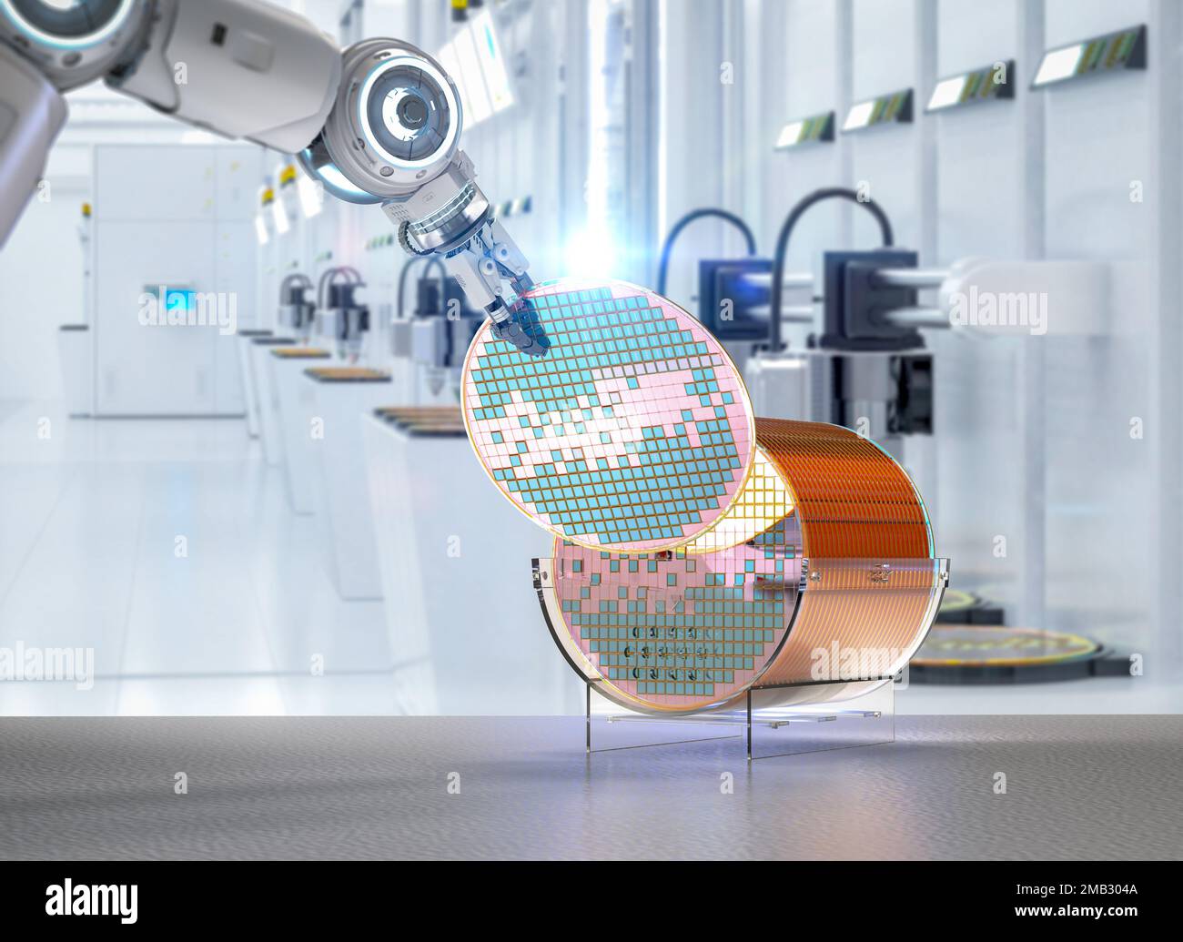 Semiconductor manufacturing with 3d rendering robotic arms with silicon wafers Stock Photo - Alamy