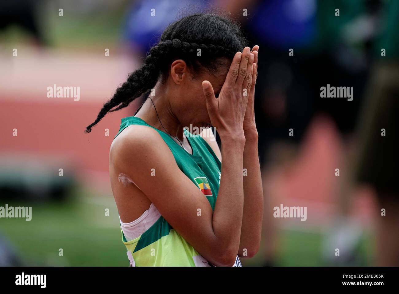 Letesenbet Gidey, of Ethiopia, reacts after winning the women's 10000 ...