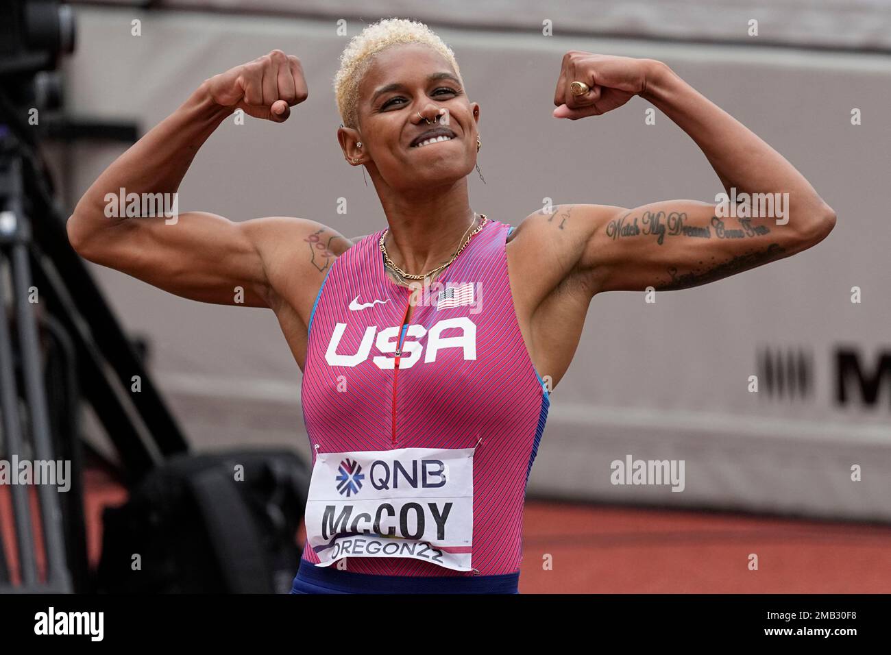 Rachel Mccoy, of the United States, reacts after competing during ...