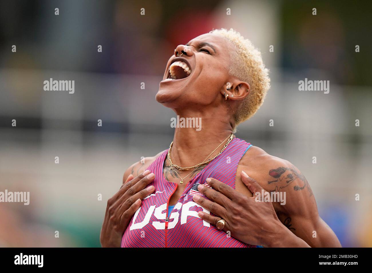 Rachel Mccoy, of the United States, celebrates during qualifying for ...
