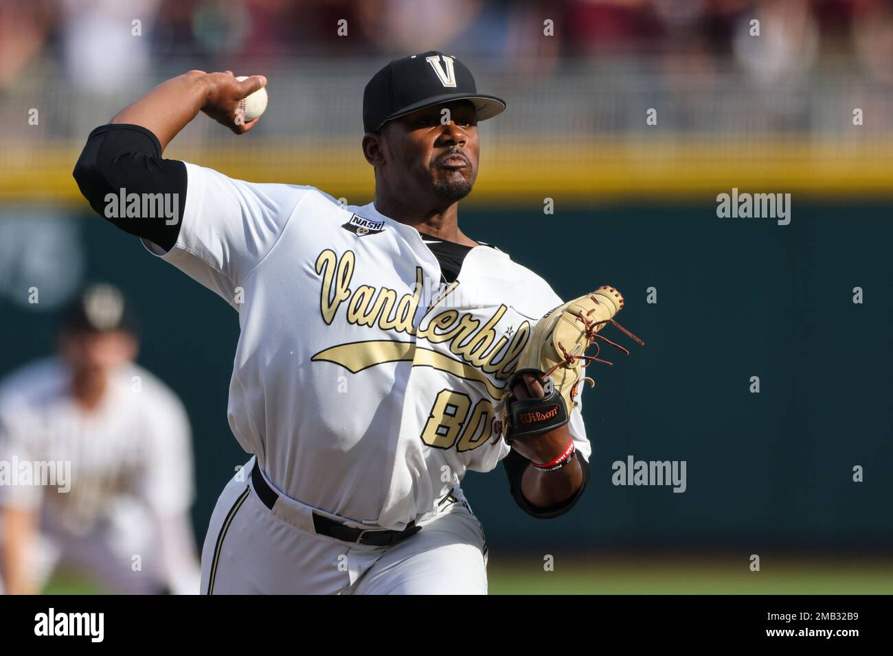 FILE - Vanderbilt pitcher Kumar Rocker (80) throws during the first ...