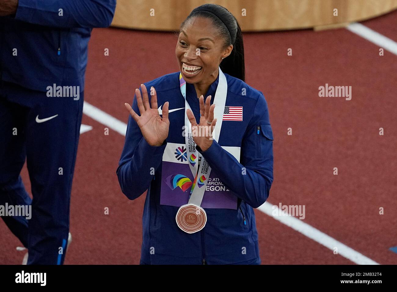 Allyson Felix, of the United States, smiles after the 4x400-meter mixed ...