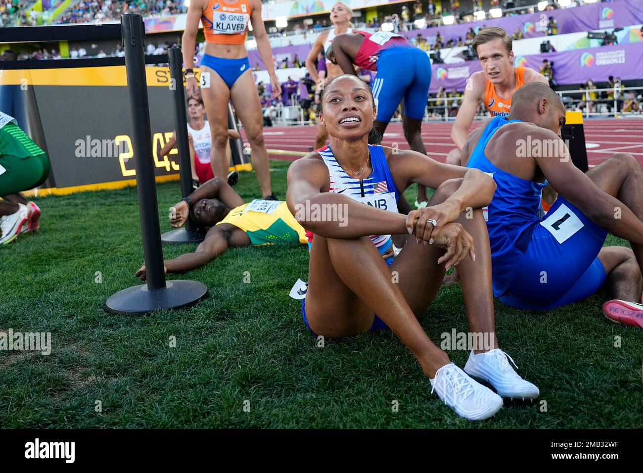 Allyson Felix Of The United States Sits Off The The Track After