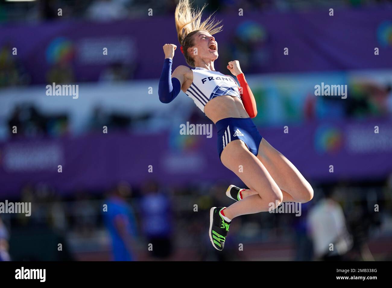 Margot Chevrier, of France, competes in the pole vault at the World ...