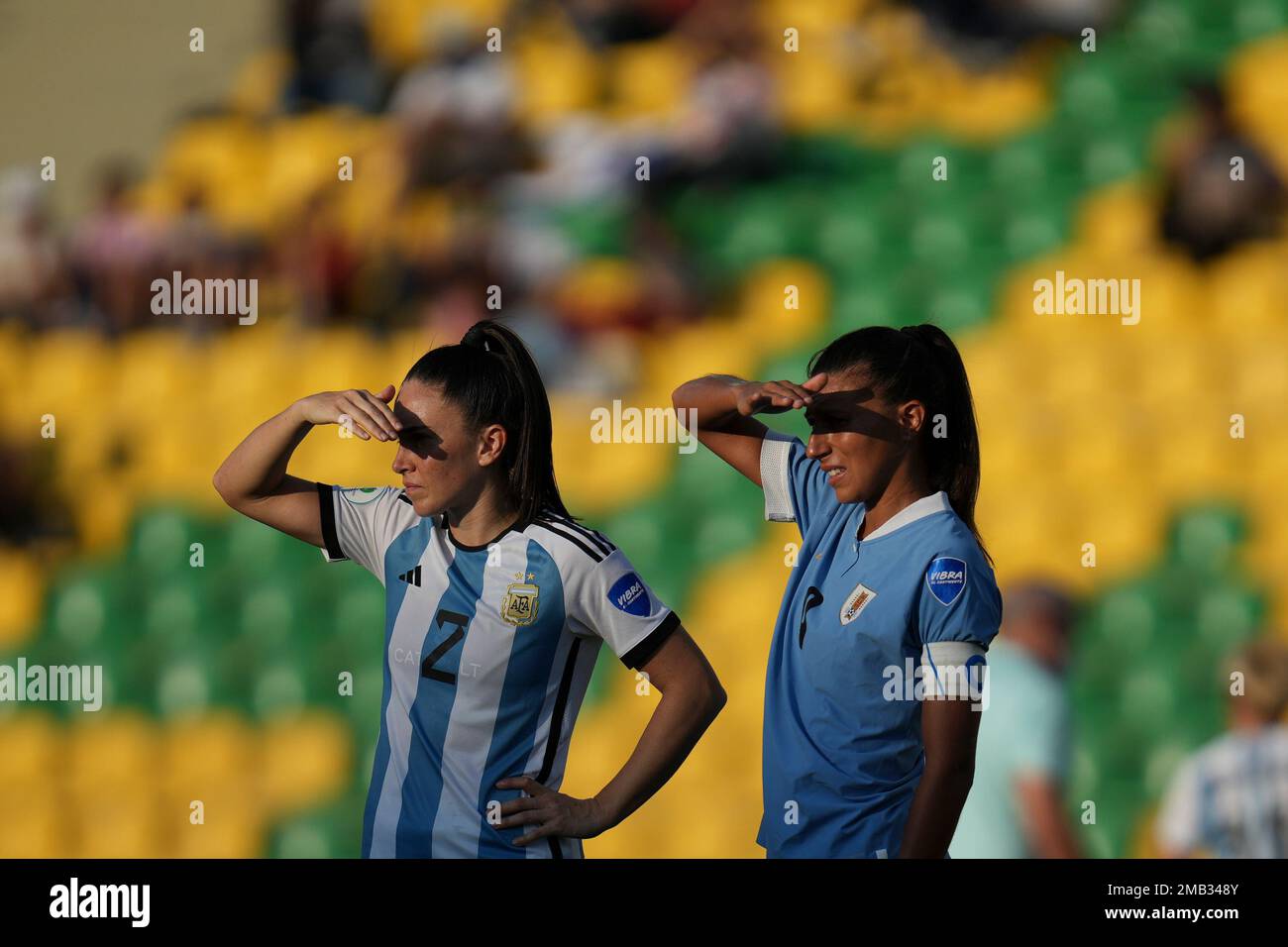 Argentina's Agustina Barroso, left, and Uruguay's Pamela Gonzalez stand ...