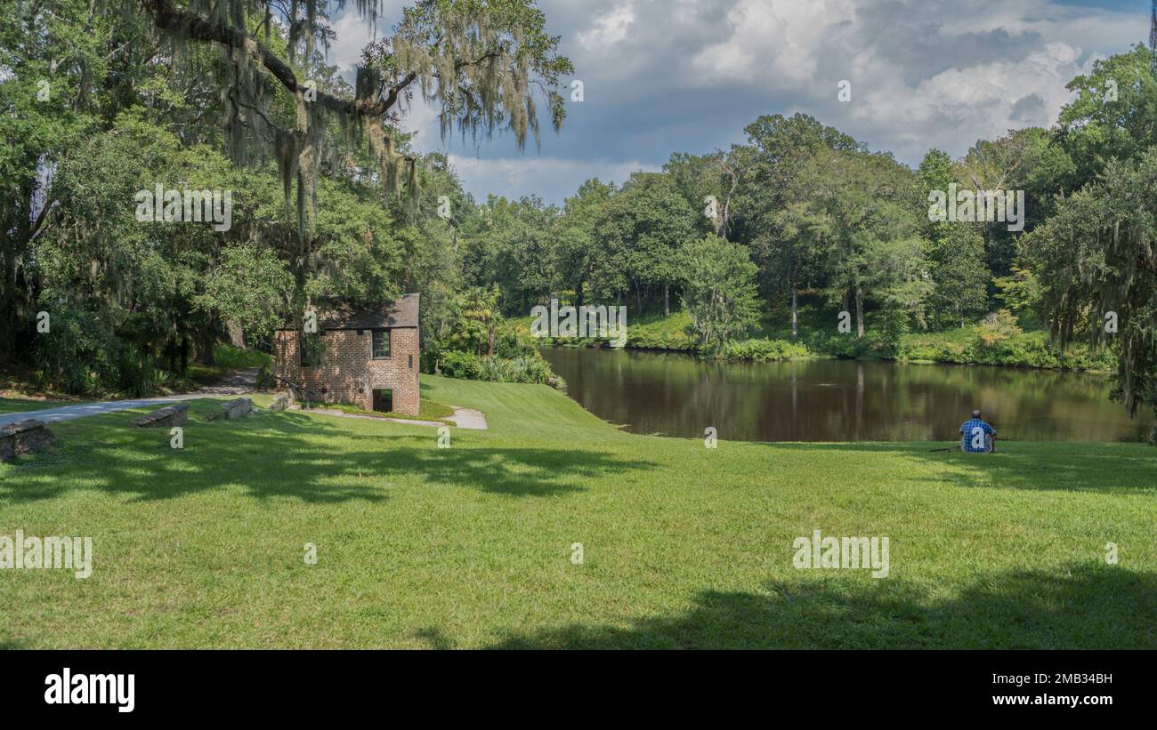 An aerial view of Middleton Place Plantation surrounded by dense trees ...