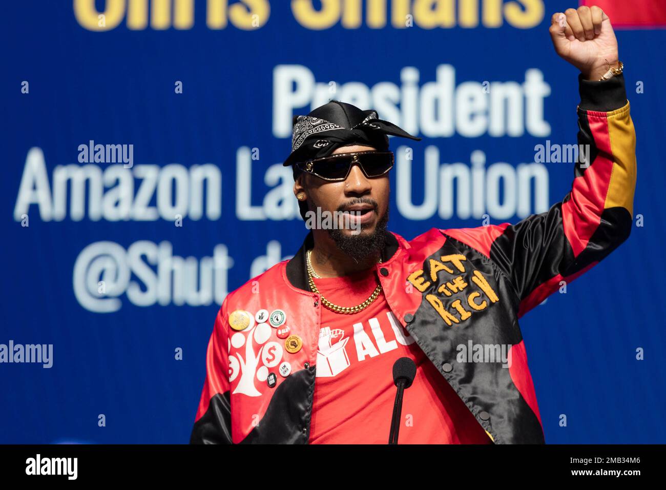 President of the Amazon Labor Union Chris Smalls speaks during the ...